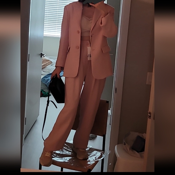 Zara | Jackets & Coats | Linen Blend Suit Blazer And Pleated Pants Pink ...